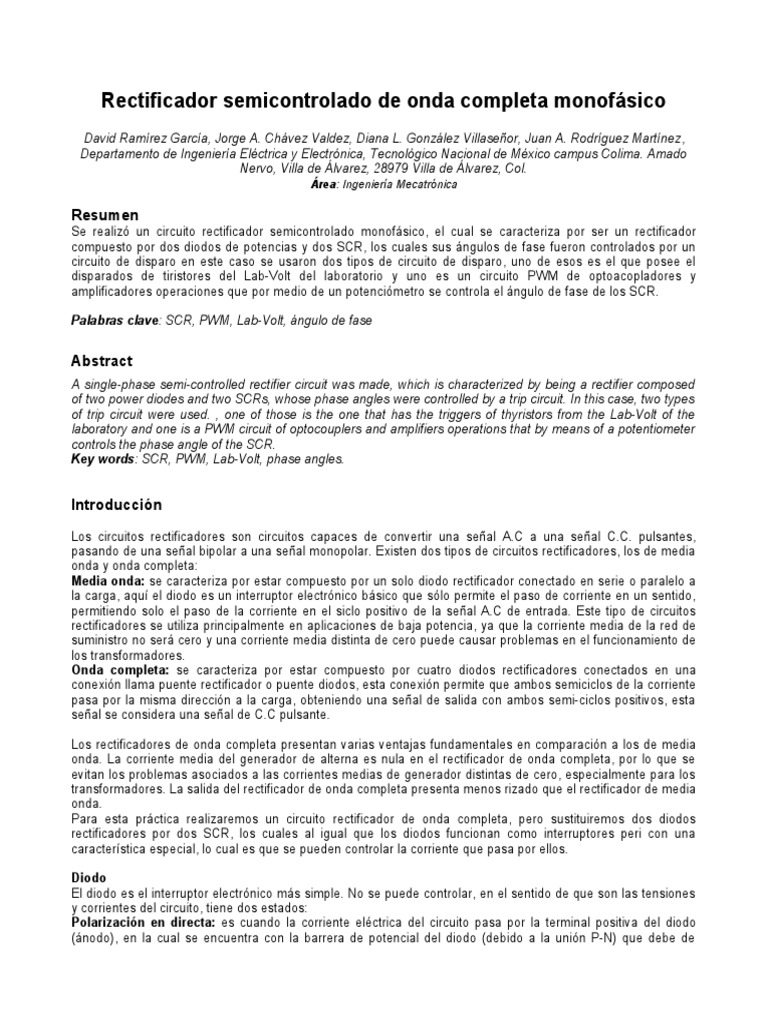 Rectificador Semicontrolado de Onda Completa Monofásico | PDF | Rectificador | Diodo