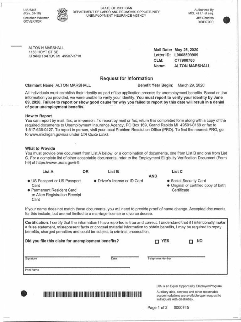 Identity Verification for UIA 6347 Form | PDF | Unemployment Benefits ...