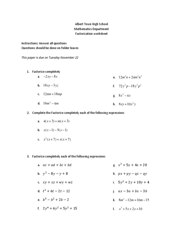 Grade 9 Factorization Worksheet | PDF | Teaching Mathematics