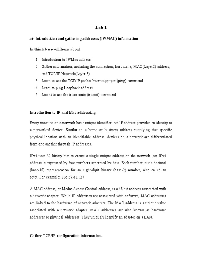 A) - Introduction and Gathering Addresses (IP/MAC) Information in This Lab We Will Learn About ...