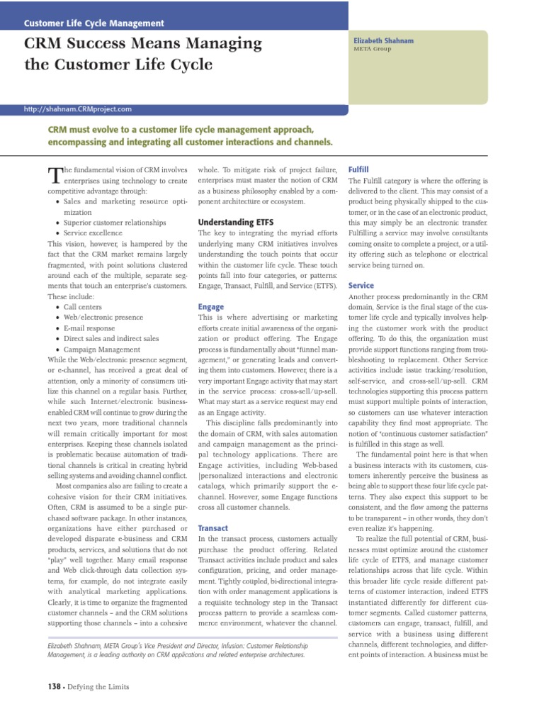 CRM Success Means Managing The Customer Life Cycle | PDF | Customer ...