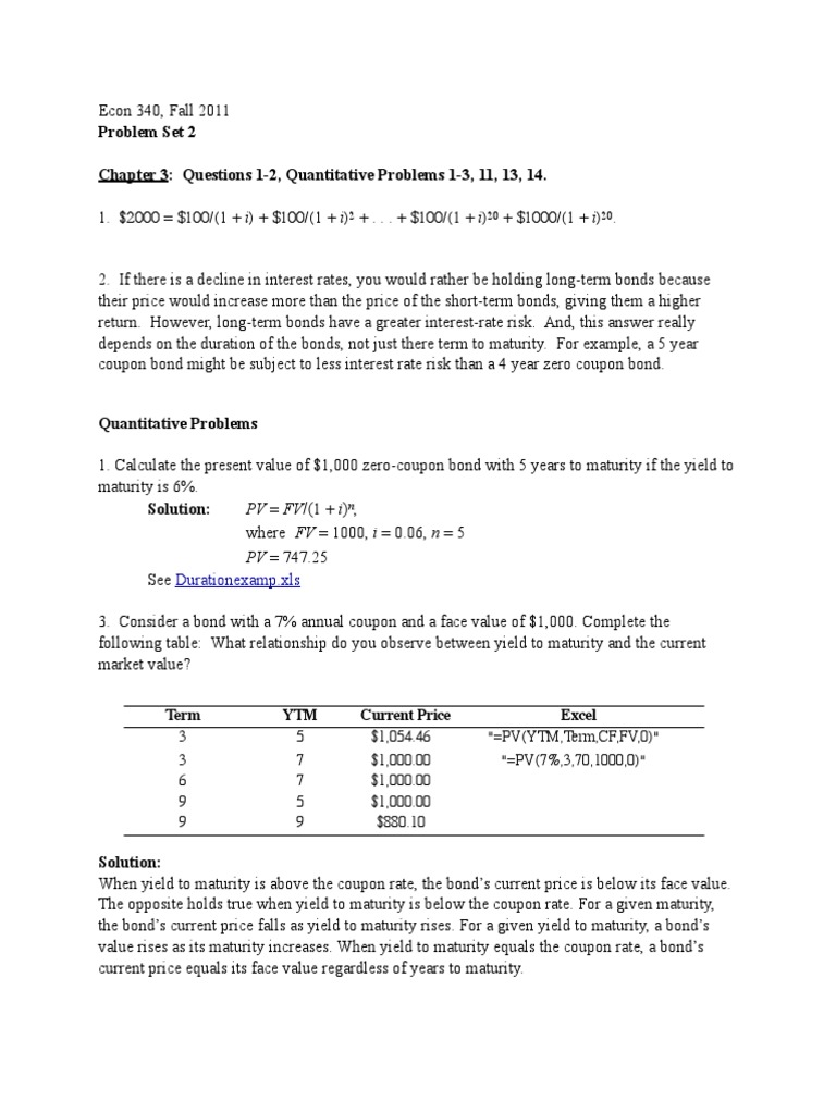 Problem Set 2 Chapter 3: Questions 1-2, Quantitative Problems 1-3, 11 ...