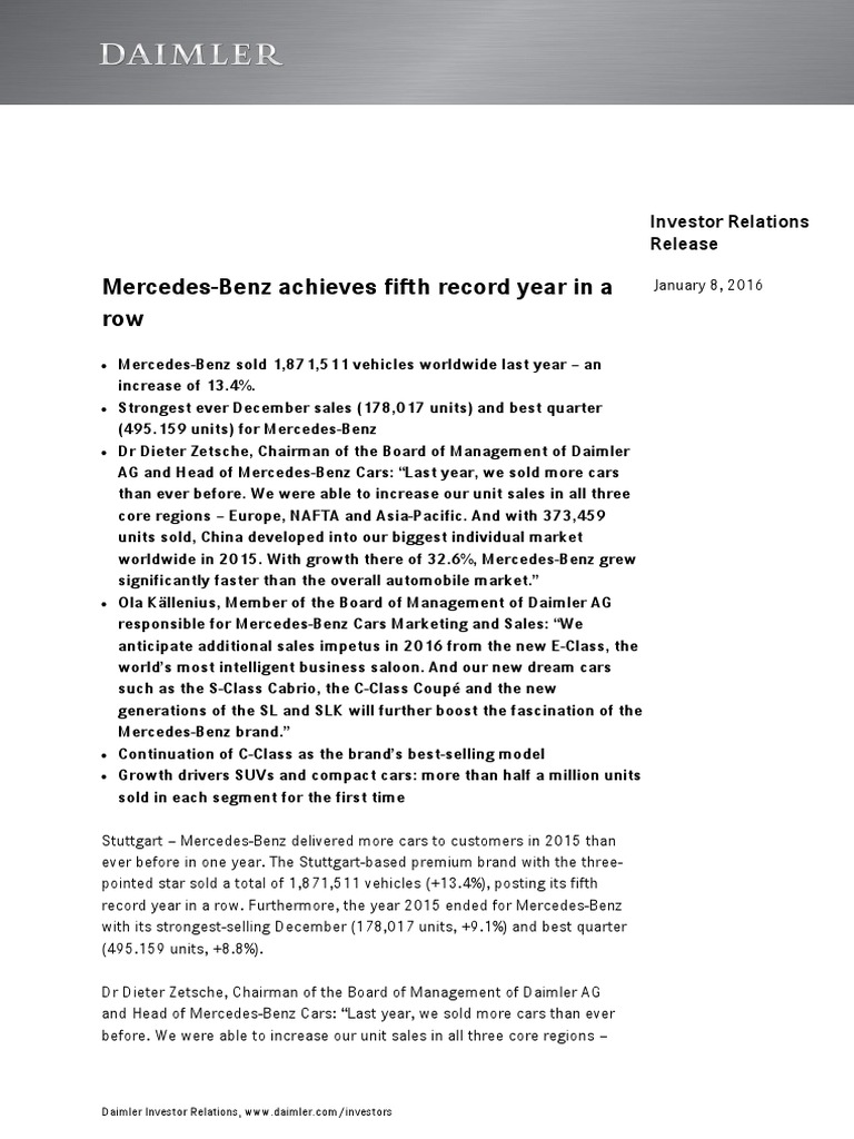Mercedes-Benz 2015 Sales Record Report | PDF | Mercedes Benz | Car