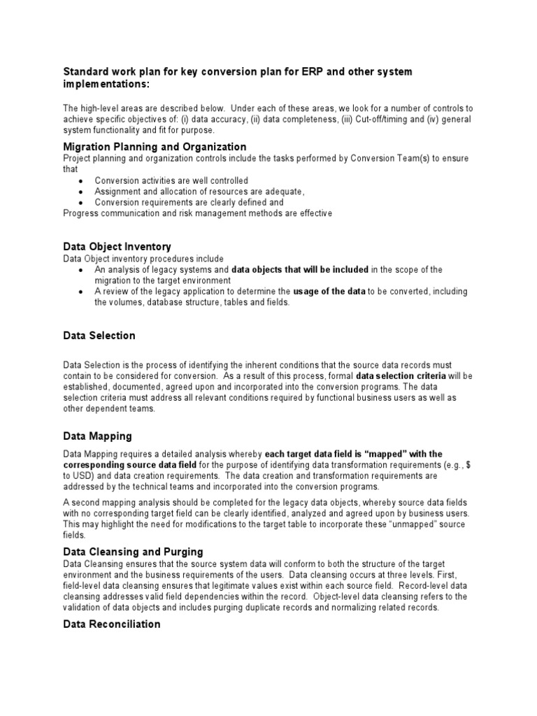 Standard Work Plan For Key Conversion Plan For ERP and Other System Implementations | PDF | Data ...