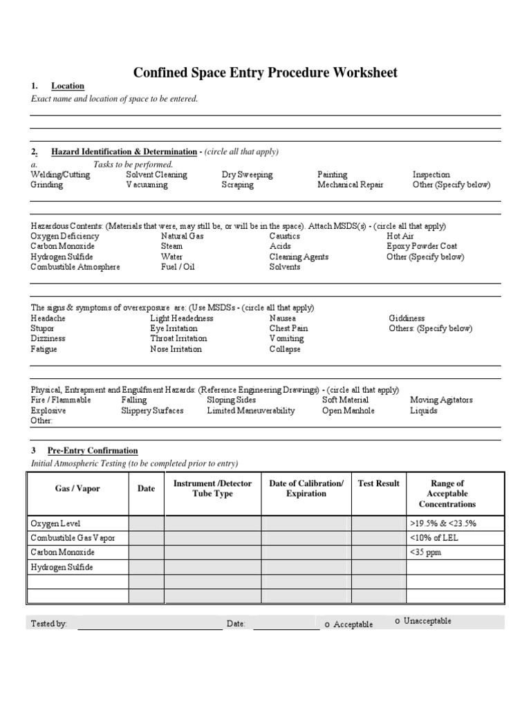 Confined Space Entry Procedure Worksheet PDF | PDF | Carbon Monoxide ...