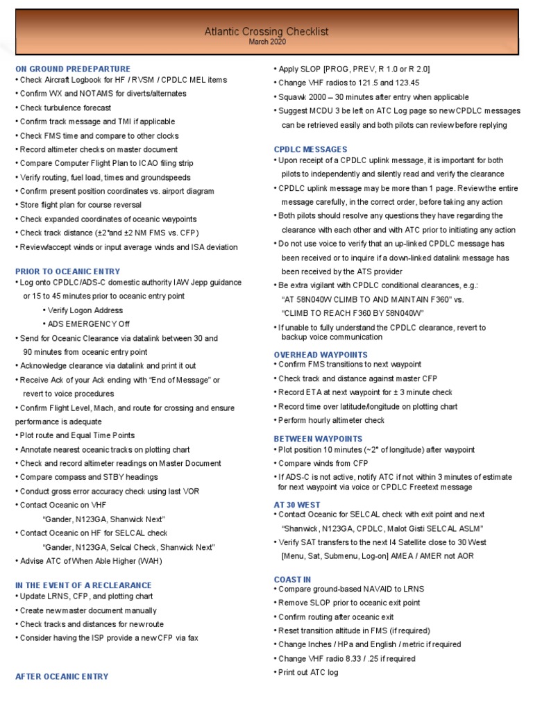 Atlantic Crossing Checklist: On Ground Predeparture | PDF | Air Traffic ...