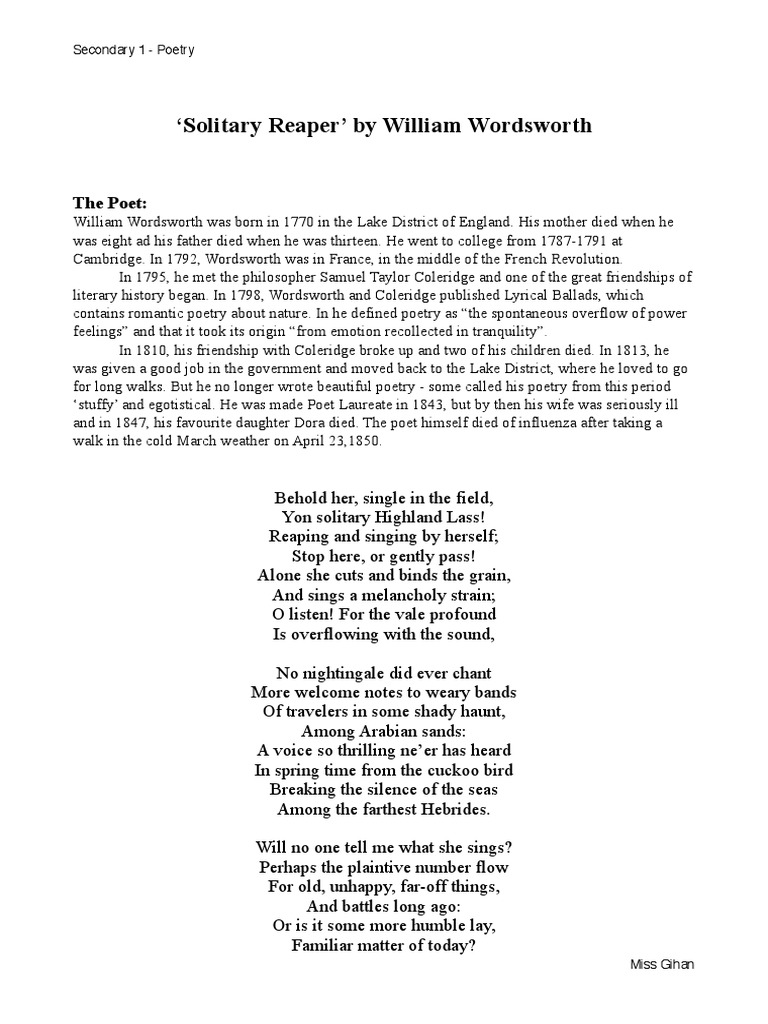 Sec 1 Poetry Solitary Reaper | PDF | William Wordsworth | Samuel Taylor ...