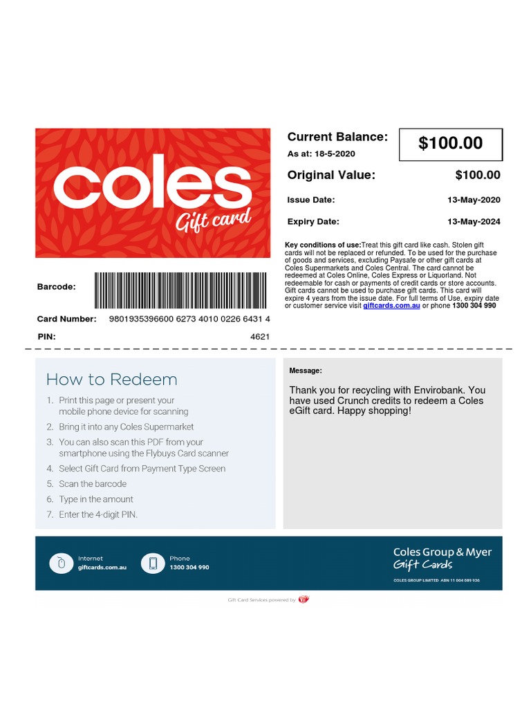 Coles eGift Card Redemption | PDF