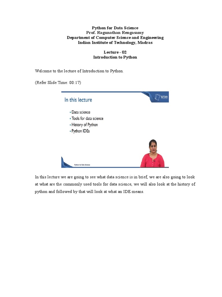 Python For Data Science Department of Computer Science and Engineering Indian Institute of ...