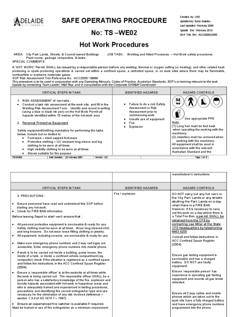 Safe Operating Procedure No: TS - WE02 Hot Work Procedures | PDF ...