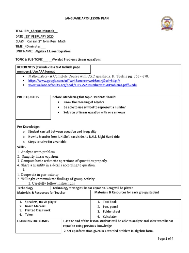 Language Arts Lesson Plan: RD ND | PDF | Equations | Educational Assessment