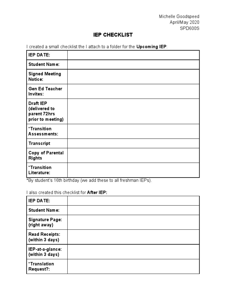 Iep Checklist: Michelle Goodspeed April/May 2020 SPD600S | PDF ...