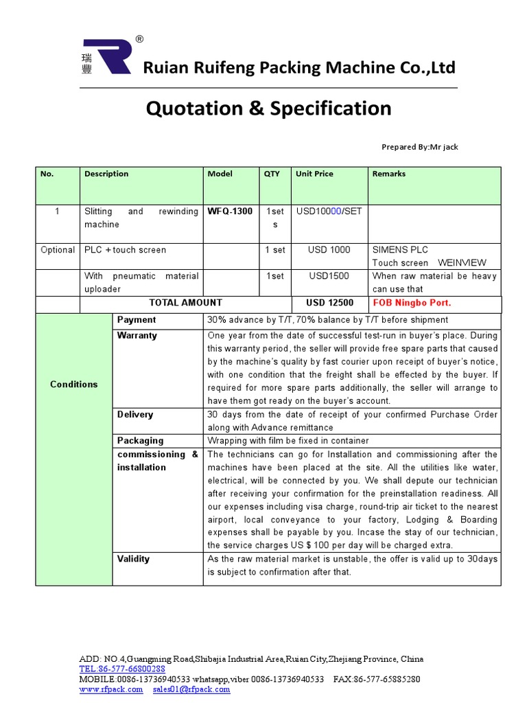 Quotation & Specification: Ruian Ruifeng Packing Machine Co.,Ltd | PDF ...