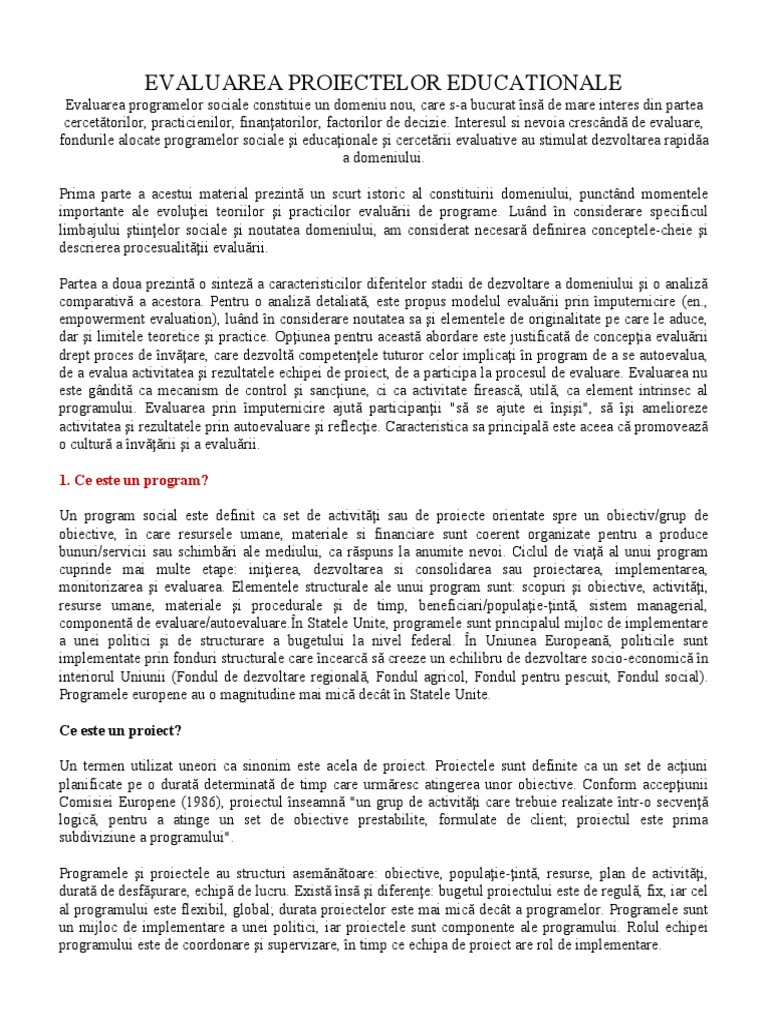EVALUAREA PROIECTELOR EDUCATIONALE - Curs | PDF