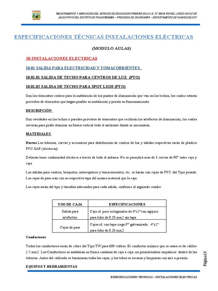 Especificaciones Tecnicas Electricas | PDF | Tubería (transporte de fluidos) | Corriente eléctrica