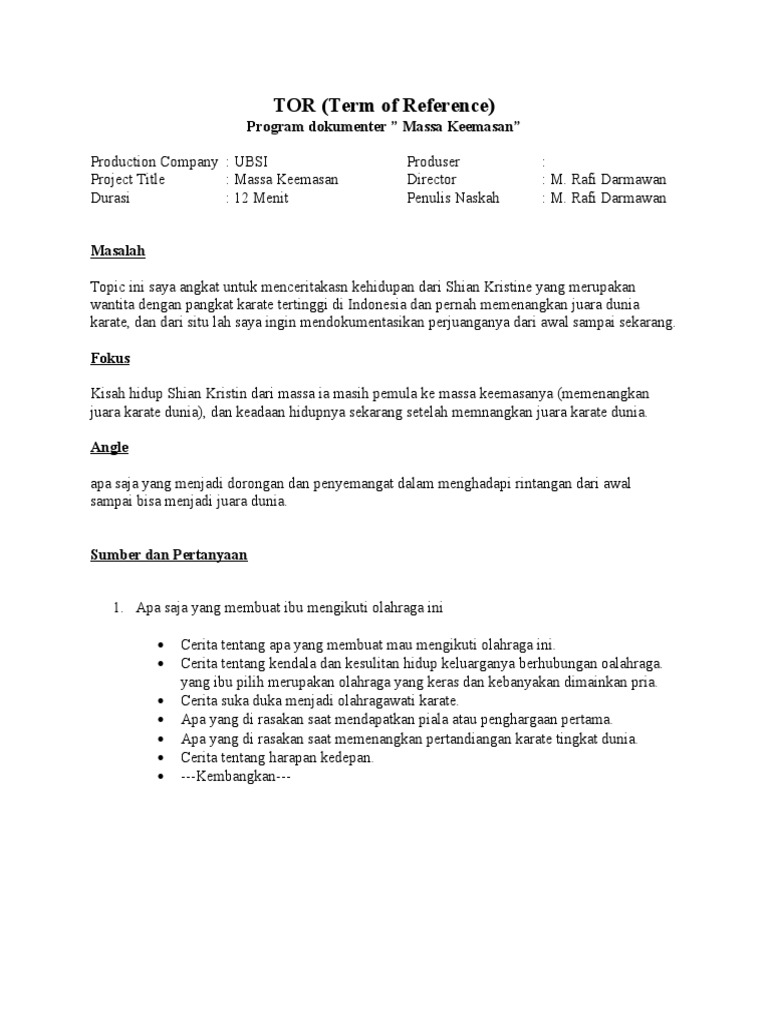 TOR (Term of Reference) : Program Dokumenter " Massa Keemasan" | PDF