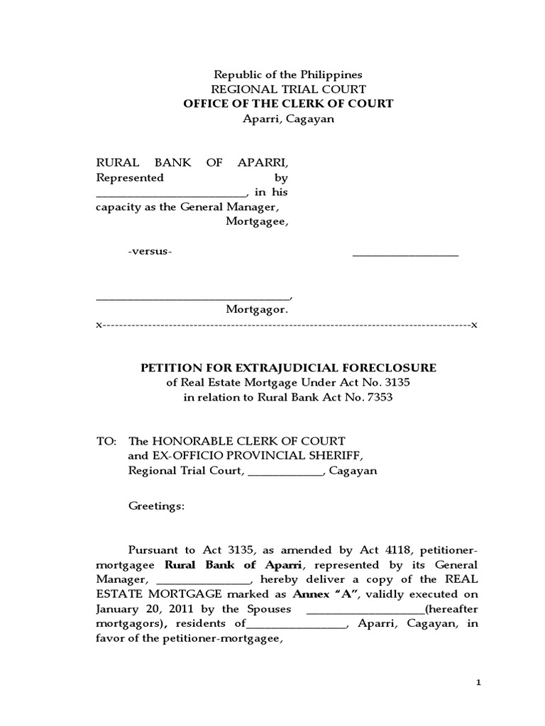 Petition For Extra-Judicial Foreclosure | PDF | Mortgage Law | Foreclosure