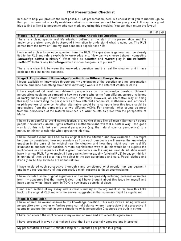 TOK Presentation Checklist: K L Stages 1 & 2: Real Life Situation and ...