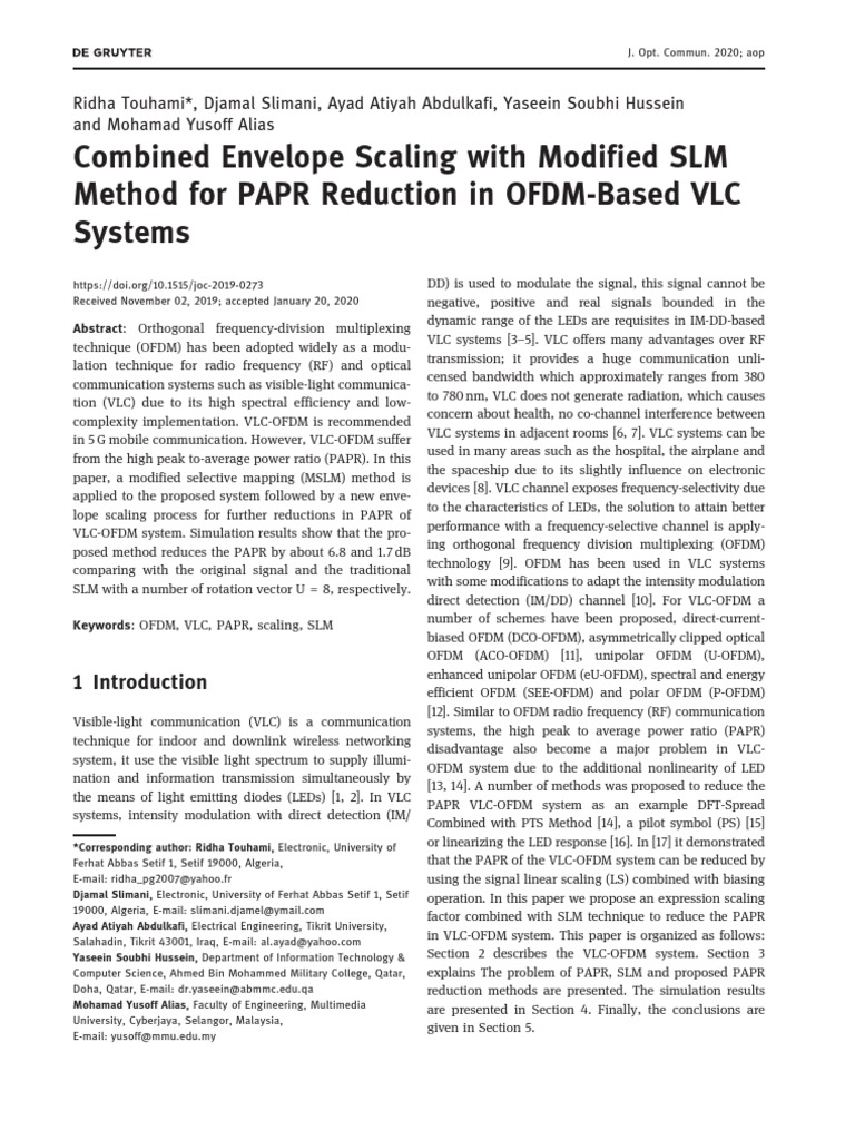 Combined Envelope Scaling With Modified Slm Method For Papr Reduction In Ofdm Based Vlc Systems