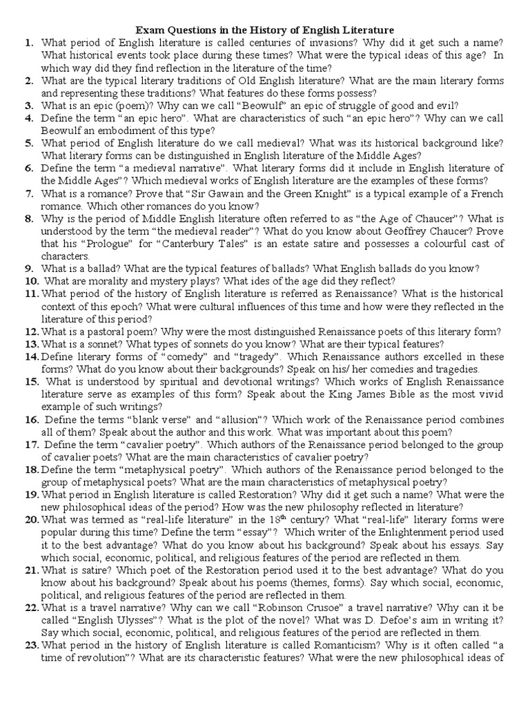 Exam Questions on English Literature History | PDF | English Literature ...