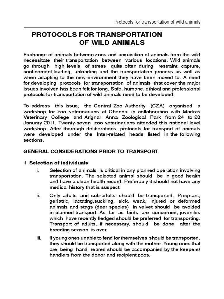 Protocols For Transportation of Wild Animals: General Considerations ...