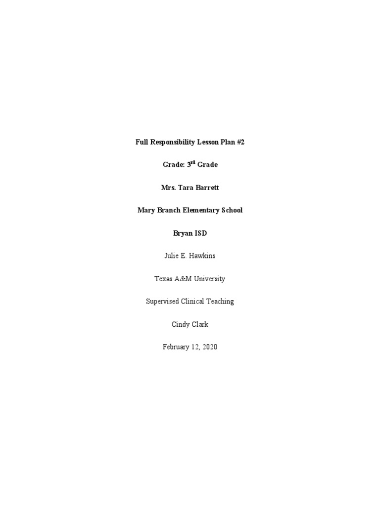 Full Responsibility Lesson Plan #2 Grade: 3 Grade Mrs. Tara Barrett ...