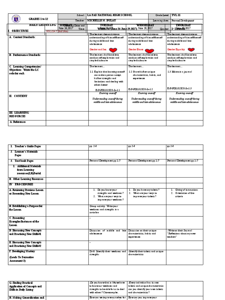 DLL Personal Development WK 4-7 | PDF | Adolescence | Learning