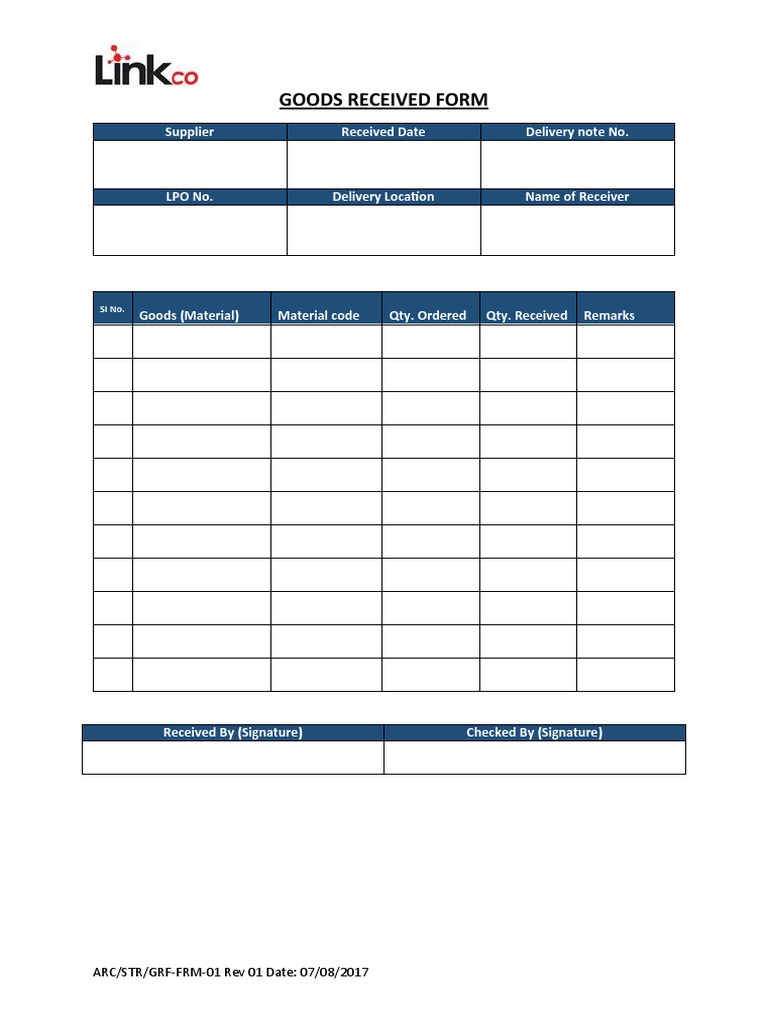 ARC-STR-GRN-FRM-01 - Goods Received Form | PDF | Law