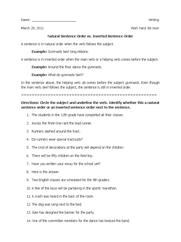 Natural Sentence Order vs. Inverted Sentence Order | PDF | Verb | Sports