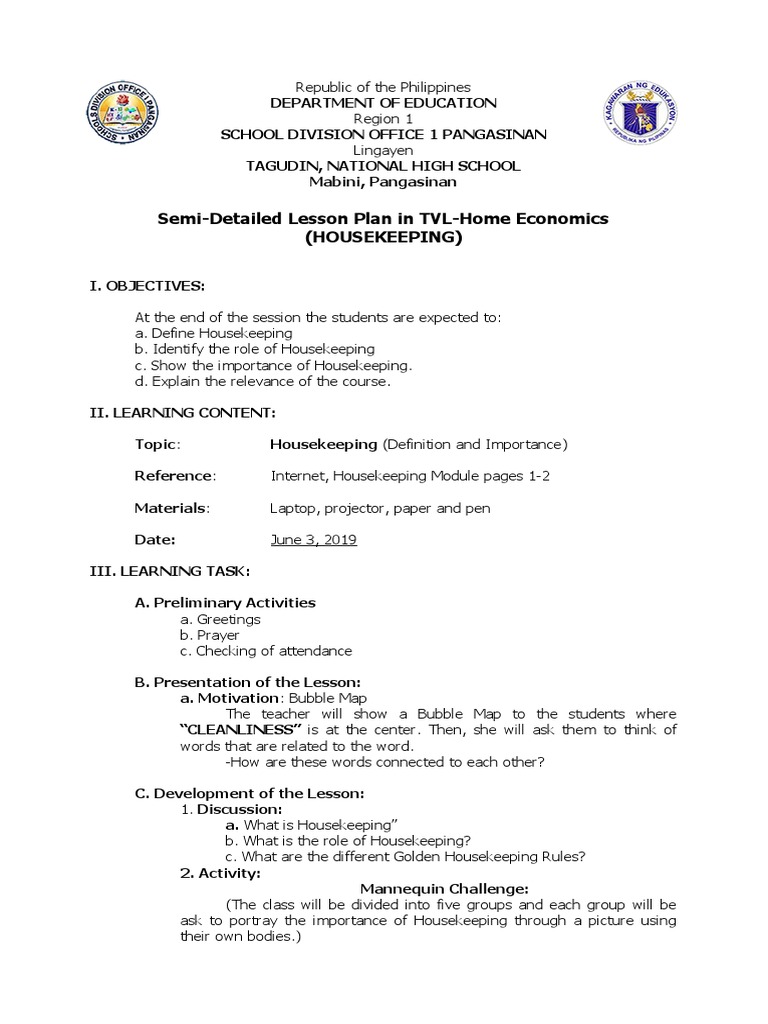 Semi-Detailed Lesson Plan in TVL-Home Economics (Housekeeping) | PDF ...