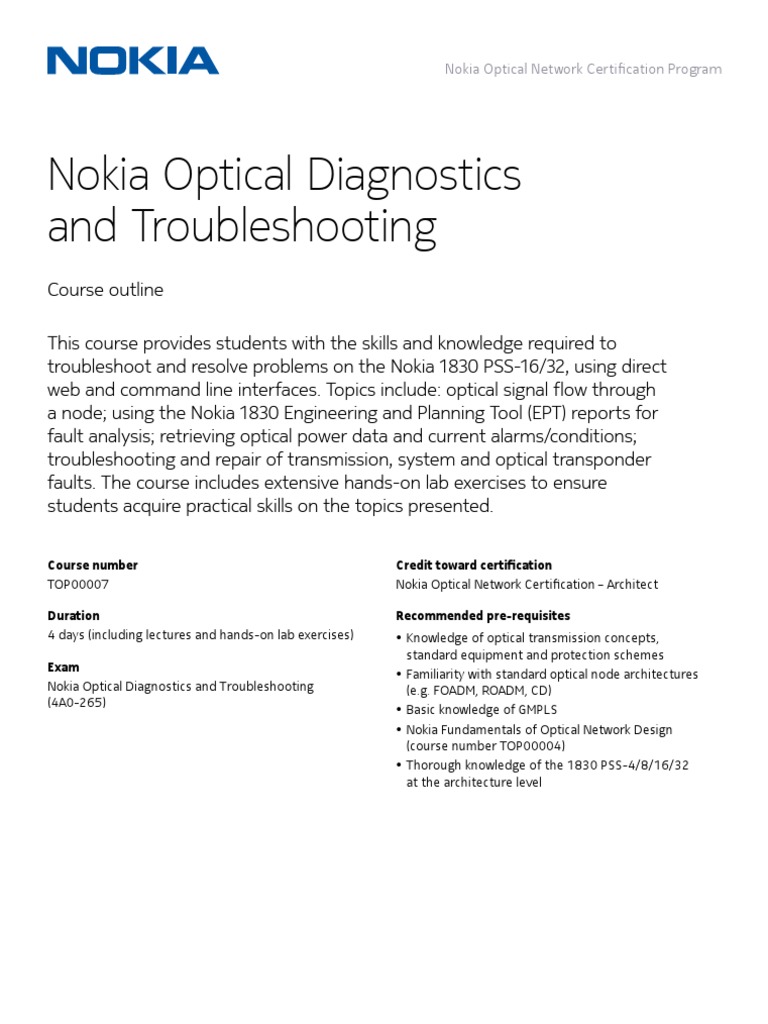 Nokia Optical Diagnostics and Troubleshooting | PDF | Troubleshooting ...