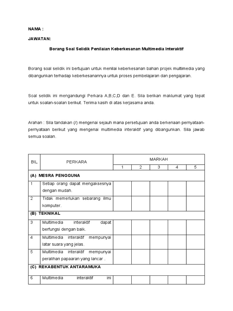 Borang Soal Selidik Penilaian Keberkesanan Multimedia Interaktif | PDF