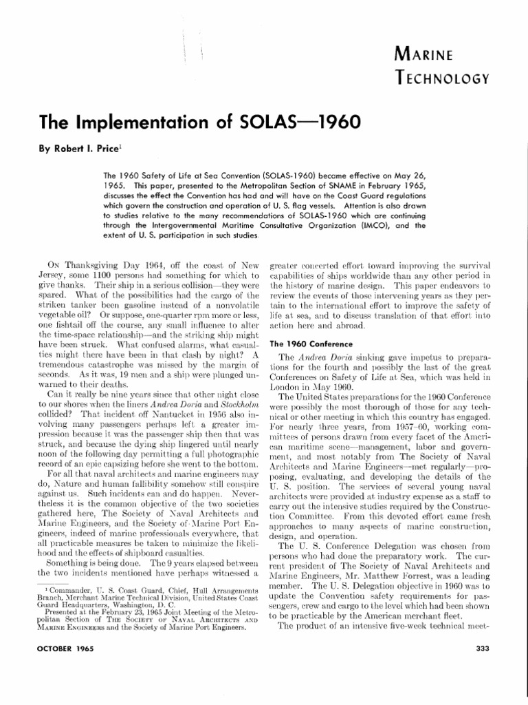 The Implementation of SOLAS 1960: Marine Technology | PDF | Ships ...