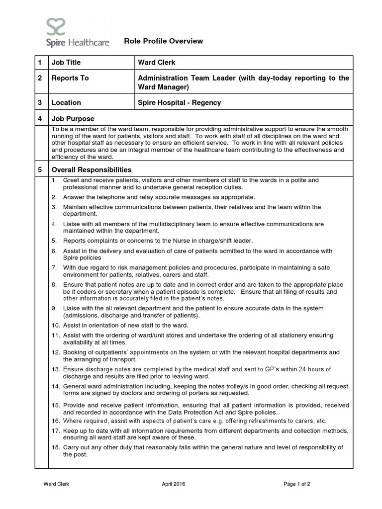 Ward Clerk Job Responsibilities Overview | PDF | Patient | Caregiver