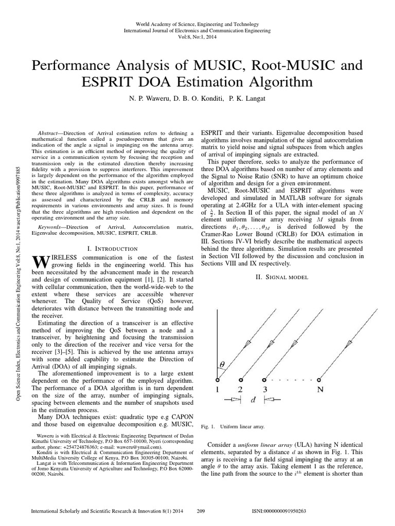 Performance Analysis of MUSIC Root MUSIC and ESPRIT DOA Estimation Algorithm PDF | Download Free ...