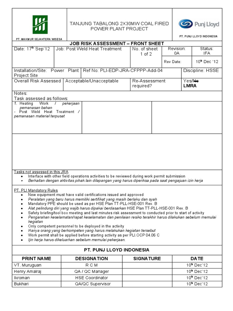 Front Page R - A - JRA For General Work Activity Rev. A | PDF | Safety ...