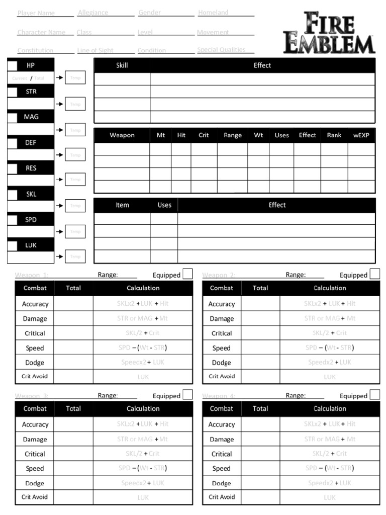 Fire Emblem Character Sheet PDF | PDF