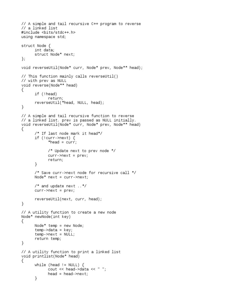 A Simple and Tail Recursive C++ Program To Reverse To Reverse A Linked ...