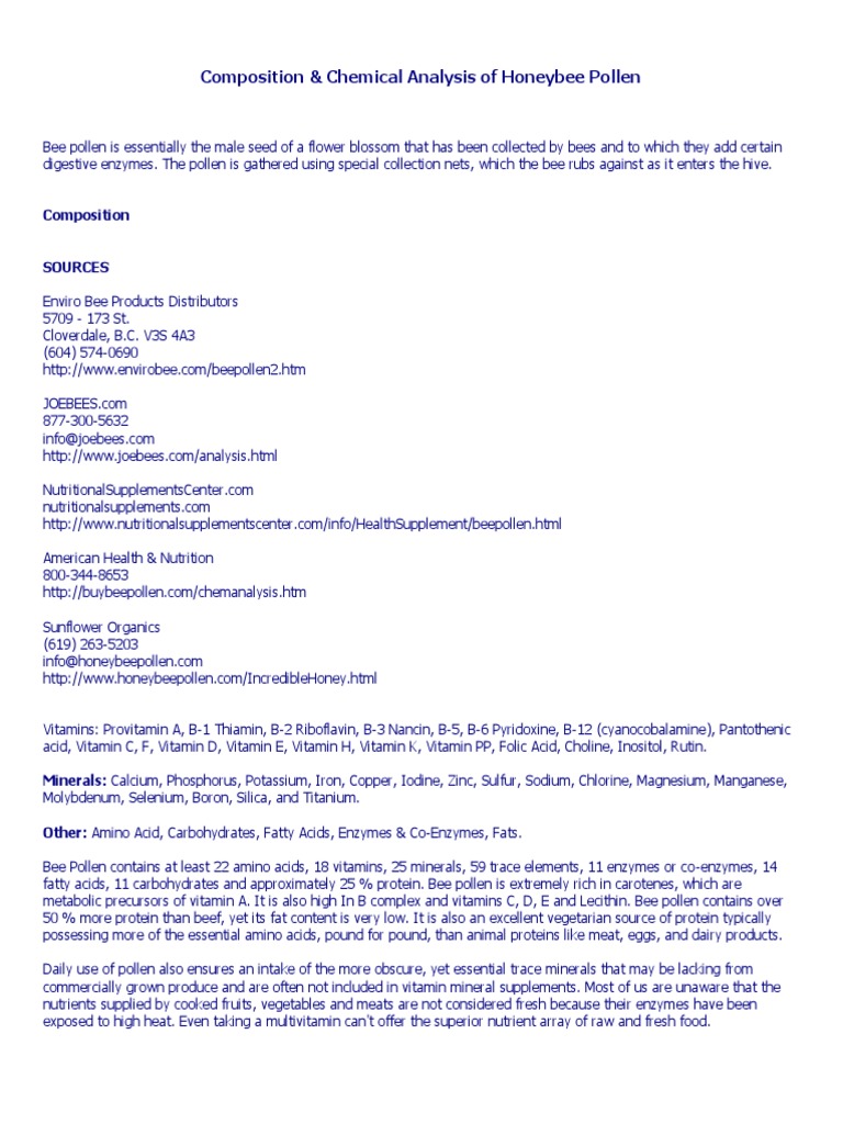 Bee Pollen Chemical Composition | PDF | Vitamin | Nutrients