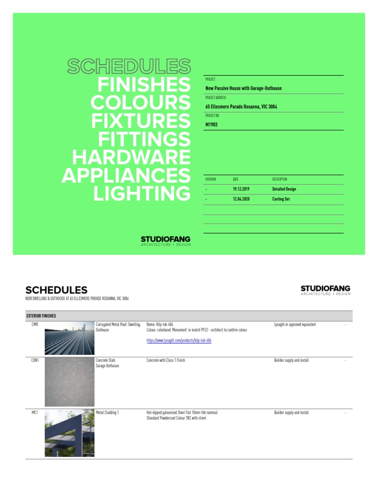 Schedules: Finishes Colours Fixtures Fittings Hardware Appliances ...