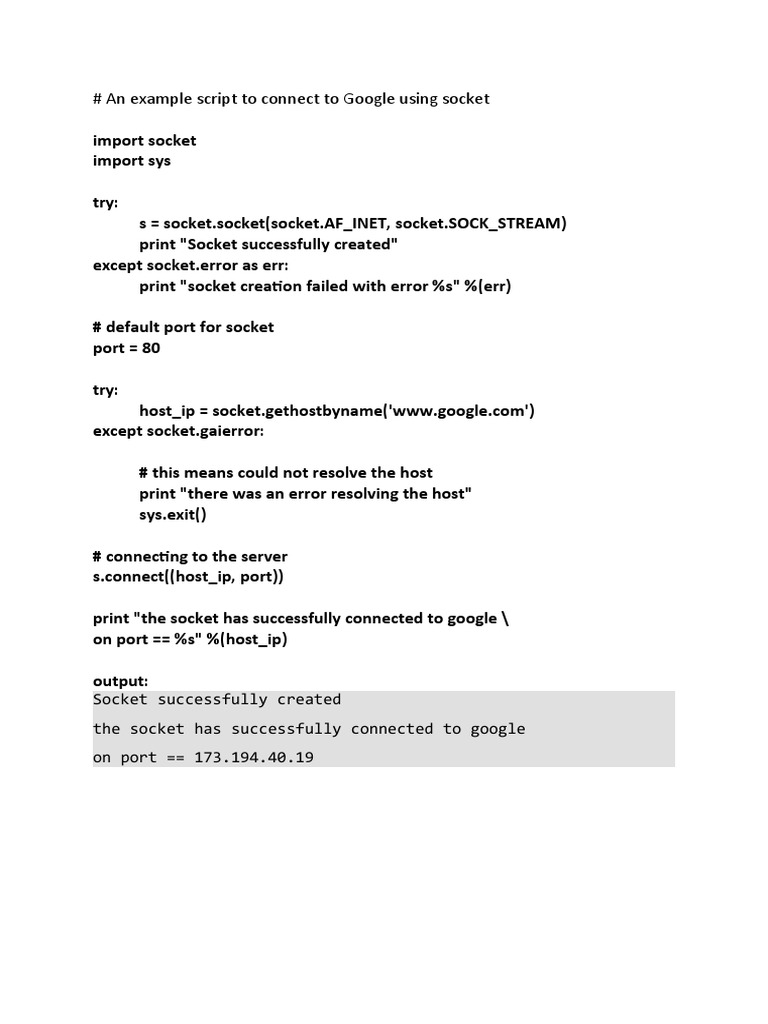 An Example Script To Connect To Google Using Socket | PDF | Port (Computer Networking) | Network ...