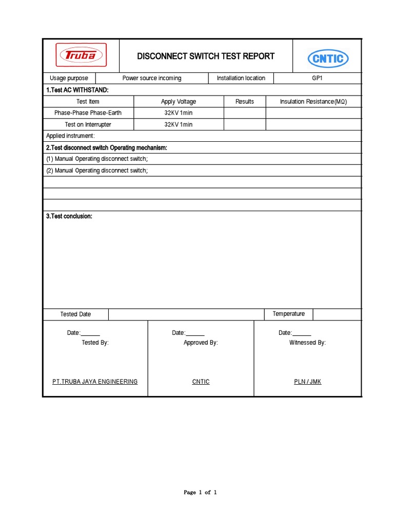 Disconnect Switch Test Report: Page 1 of 1 | PDF