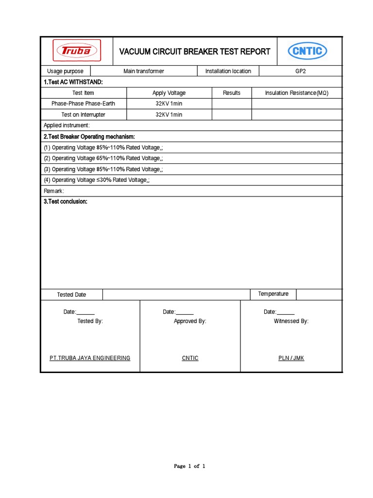 Vacuum Circuit Breaker Test Report: Page 1 of 1 | PDF