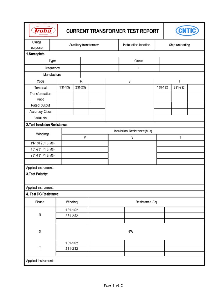 Current Transformer Test Report: 1S1-1S2 2S1-2S2 1S1-1S2 2S1-2S2 ...
