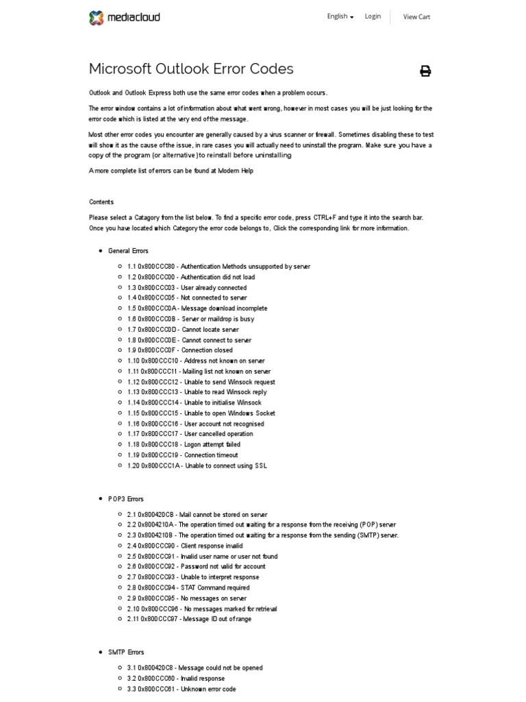 Microsoft Outlook Error Codes - Knowledgebase - MediaCloud PDF | PDF ...
