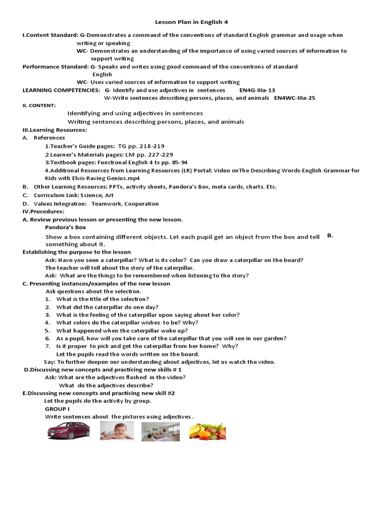 Lesson Plan in English 4: Ii. Content | PDF | English Language | Lesson ...