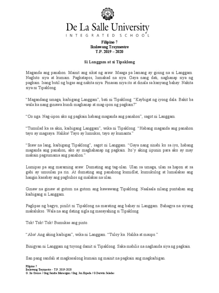 PABULA Si Langgam at Si Tipaklong | PDF