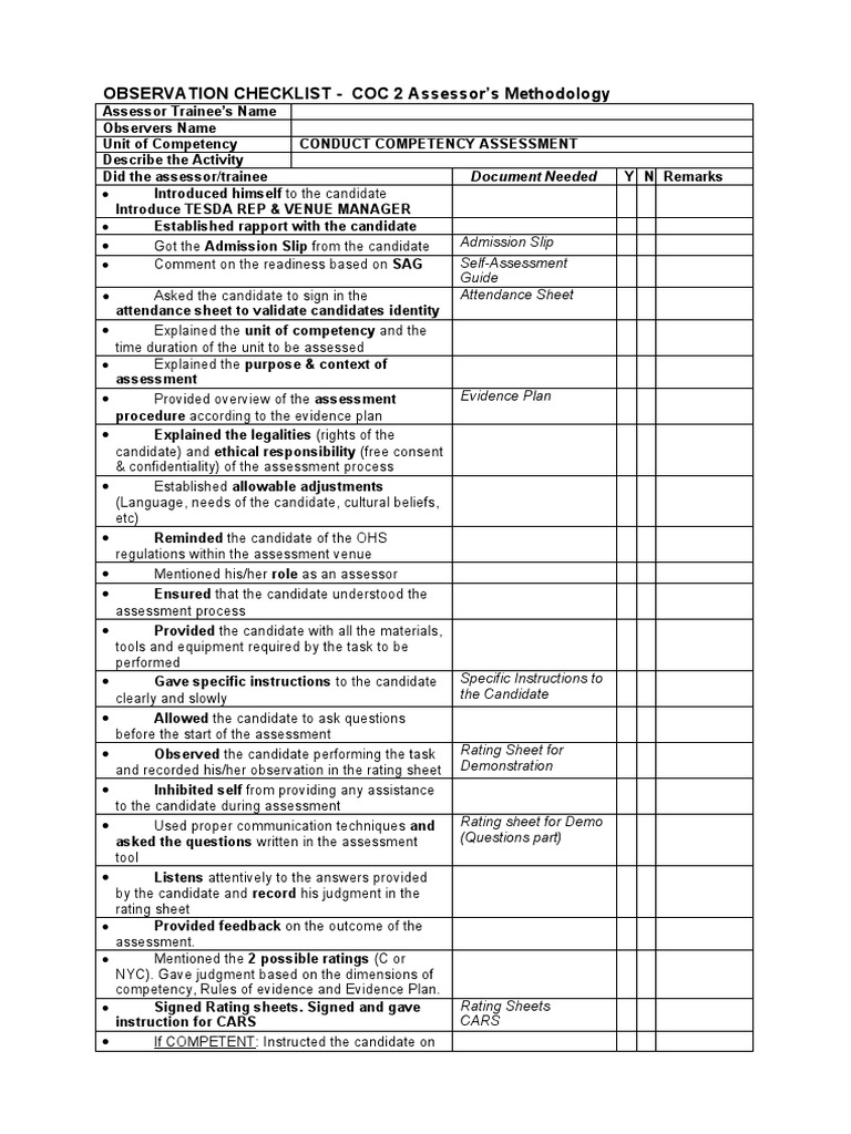 OBSERVATION CHECKLIST - COC 2 Assessor's Methodology: Document Needed ...