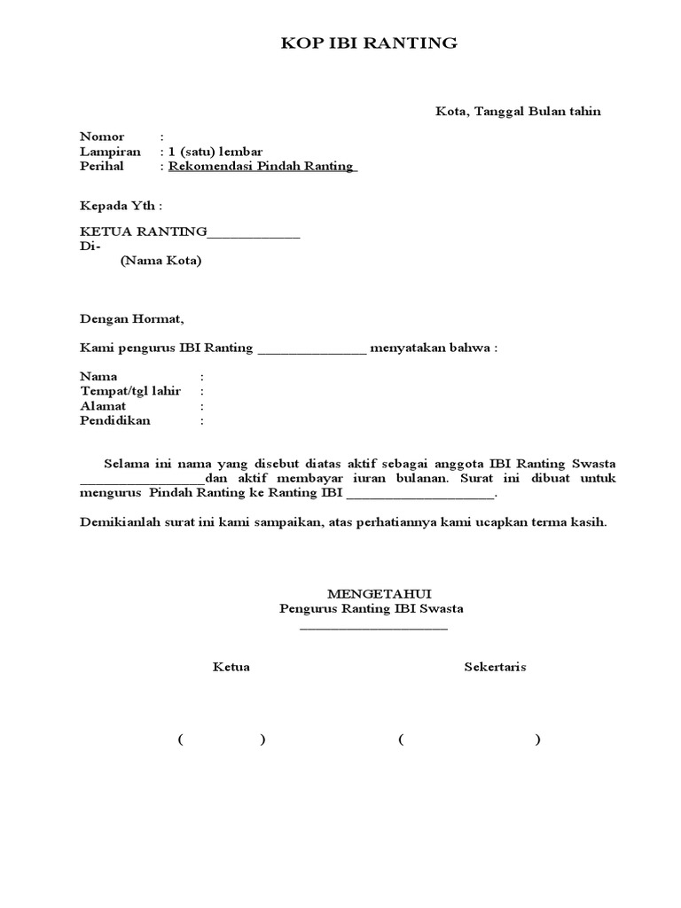 Surat Rekom Pindah Ranting IBI | PDF