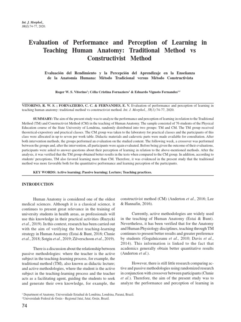 Evaluation of Performance and Perception of Learning in Teaching Human Anatomy: Traditional ...